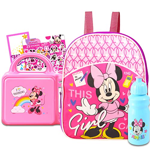 Fast Forward Minnie Mouse Mini Backpack with Lunch Box Set - Bundle with 11" Minnie Backpack, Minnie Mouse Lunch Bag, Water Bottle, Stickers, More | Minnie Backpack for Toddlers