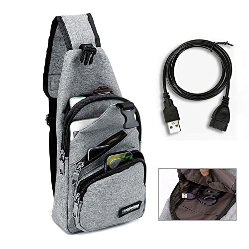 Sling Chest bag, Crossbody Chest Backpack, Sling Shoulder Bag with USB Charging Cable Port for Travel, Cycling, Camping (Grey)