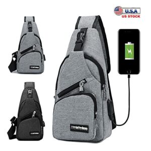 Sling Chest bag, Crossbody Chest Backpack, Sling Shoulder Bag with USB Charging Cable Port for Travel, Cycling, Camping (Grey)