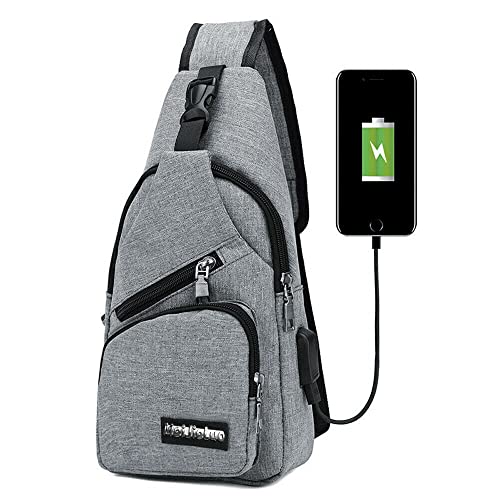 Sling Chest bag, Crossbody Chest Backpack, Sling Shoulder Bag with USB Charging Cable Port for Travel, Cycling, Camping (Grey)