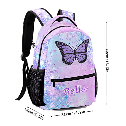 Watercolor Purple Butterfly Personalized Backpack with Name Waterproof Bag for Birthday Holiday Gift for Travel Office Work