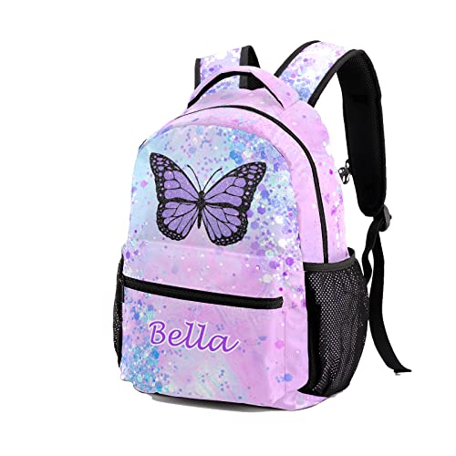 Watercolor Purple Butterfly Personalized Backpack with Name Waterproof Bag for Birthday Holiday Gift for Travel Office Work