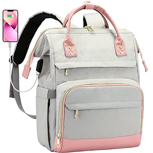 Waterproof Anti-theft Travel Laptop Backpack, Nurse Bags Teacher Purse with USB Charging Port, Fit 15.6 Inch Laptop Backpack for Women, Grey Pink