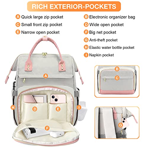 Waterproof Anti-theft Travel Laptop Backpack, Nurse Bags Teacher Purse with USB Charging Port, Fit 15.6 Inch Laptop Backpack for Women, Grey Pink