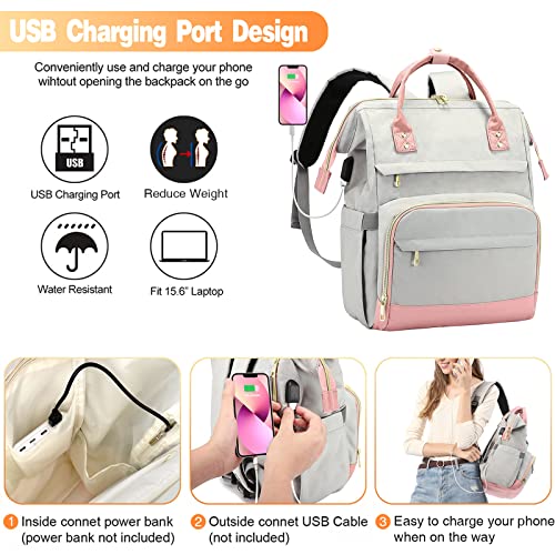 Waterproof Anti-theft Travel Laptop Backpack, Nurse Bags Teacher Purse with USB Charging Port, Fit 15.6 Inch Laptop Backpack for Women, Grey Pink