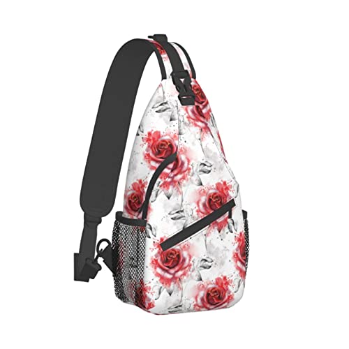 SUPLUCHOM Sling Bag Red Rose Gray Flower Hiking Daypack Crossbody Shoulder Backpack Travel Chest Pack for Men Women