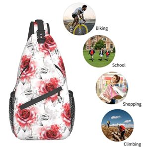 SUPLUCHOM Sling Bag Red Rose Gray Flower Hiking Daypack Crossbody Shoulder Backpack Travel Chest Pack for Men Women