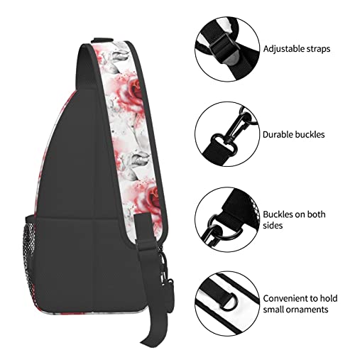 SUPLUCHOM Sling Bag Red Rose Gray Flower Hiking Daypack Crossbody Shoulder Backpack Travel Chest Pack for Men Women