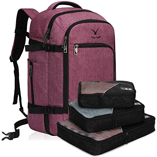 Hynes Eagle Travel Backpack 40L Flight Approved Carry on Backpack Red Violet with Black 3PCS Packing Cubes Set