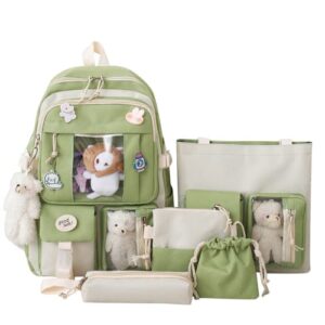 kawaii aesthetic school backpack 5pcs combo set with cute bear pendant pins daypack small laptop school bag essential kit (green)