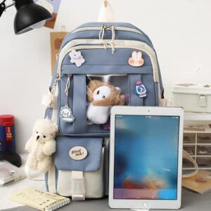 Kawaii Aesthetic School Backpack 5Pcs Combo Set with Cute Bear Pendant Pins Daypack Small Laptop School Bag Essential Kit (Green)