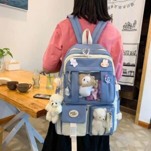 Kawaii Aesthetic School Backpack 5Pcs Combo Set with Cute Bear Pendant Pins Daypack Small Laptop School Bag Essential Kit (Green)