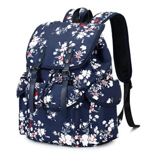 nohclie large belt drawstring backpack women floral casual college bookbag lady travel rucksack 15.6 inches laptop bag (plum blossom)