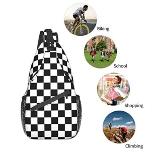 Pubvnih Black White Checkered Flag Sling Backpack Crossbody Shoulder Bags for Women Men, Sling Bag Travel Hiking Chest Bag Daypack Unisex