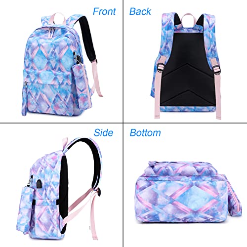 ZHIERNA Kids Backpack For Girls Teen ,3Pcs Set Cute elementary school Bag, 15.6in Laptop Daypack Bookbags With USB Charging Port … (Blue)