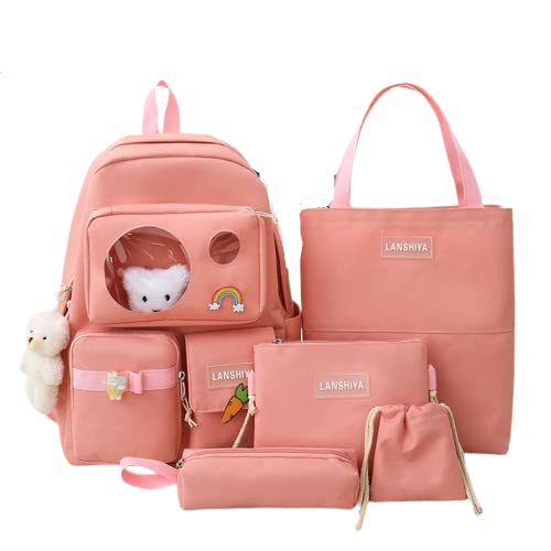 LaurelTree Kawaii Aesthetic Cute 5pcs School Bags Set with Accessories School Suppliers for Teens Girls Backpack Tote Bag (Pink)