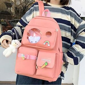 LaurelTree Kawaii Aesthetic Cute 5pcs School Bags Set with Accessories School Suppliers for Teens Girls Backpack Tote Bag (Pink)