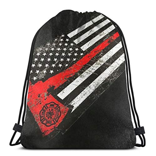 USA Thin Red Line Firefighter Axe Drawstring Bags Storage Pouch Bag Drawstring Backpack Bag Dust-Proof Non-Transparent for Men Women Travel Sport Gym Sackpack