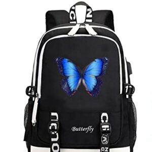 TwinYe The Monarch Butterfly in Bloom Cosmic Blue Butterfly Backpack with USB Charging Port for Teen. (1), Black