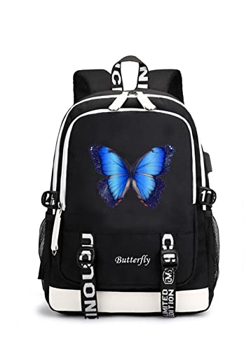 TwinYe The Monarch Butterfly in Bloom Cosmic Blue Butterfly Backpack with USB Charging Port for Teen. (1), Black