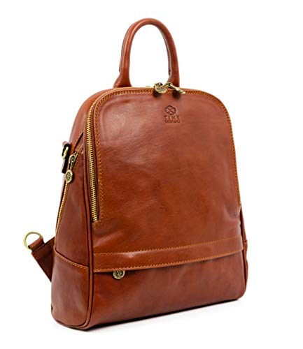 Time Resistance Leather Backpack Convertible to Shoulder Bag Full Grain Real Leather Travel Versatile Bag (Cognac)