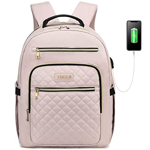 WISEILD Laptop Backpack for Women Quilted Travel Backpack Purse, Work Computer Bags Bookbag Teacher Back Pack with USB Port(15.6 Inch Nude Pink)