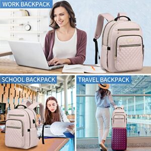 WISEILD Laptop Backpack for Women Quilted Travel Backpack Purse, Work Computer Bags Bookbag Teacher Back Pack with USB Port(15.6 Inch Nude Pink)