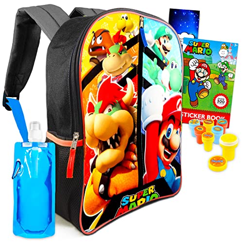 Super Mario Backpack for Kids - 16" Mario and Luigi Backpack Bundle with Over 300 Mario Stickers, Superhero Stampers, and More (Super Mario Backpack for Boys)