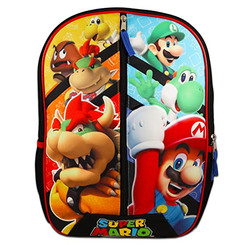 Super Mario Backpack for Kids - 16" Mario and Luigi Backpack Bundle with Over 300 Mario Stickers, Superhero Stampers, and More (Super Mario Backpack for Boys)