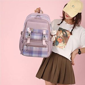 Aesthetic Backpack for School, Cute Girls Preppy Book Bag, Kawaii Large Capacity Middle School Plaid Backpack for Teenagers (Purple)