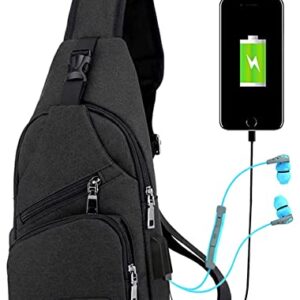 Sling Bag for Men Women Crossbody Daypack Shoulder Backpack Chest Bags with USB Charging Port & Headphone Hole for Hiking Camping Outdoor Trippack(Black)