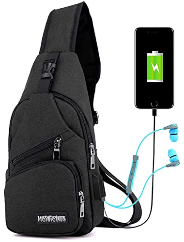 Sling Bag for Men Women Crossbody Daypack Shoulder Backpack Chest Bags with USB Charging Port & Headphone Hole for Hiking Camping Outdoor Trippack(Black)