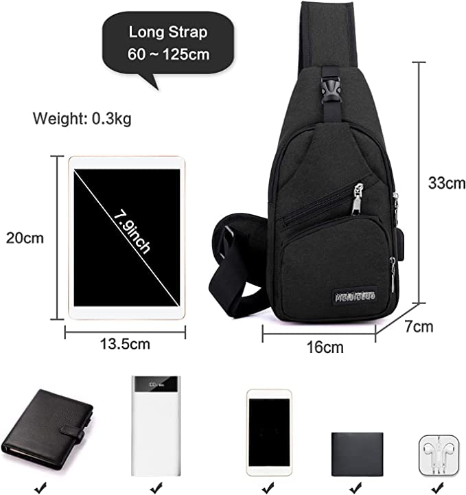 Sling Bag for Men Women Crossbody Daypack Shoulder Backpack Chest Bags with USB Charging Port & Headphone Hole for Hiking Camping Outdoor Trippack(Black)