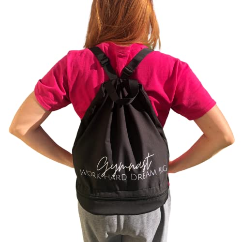 GymnasticsHQ Gymnastics Backpack - Small Work Hard, Dream Big Gymnast Bag (Black)