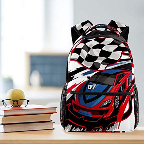 Speeding Racing Car With Checkered Flag Race Track Backpack Students Shoulder Bags Travel Bag College School Tote Backpacks