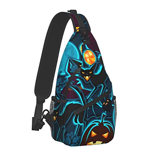 SWEET TANG Durable Shoulder Sling Bag for Men Boys Multipurpose Unbalance Backpack Halloween Decorations Costumes Pumpkin Skulls Black Cat Gym Bag with Smooth Zipper for Outdoor Sports Activities