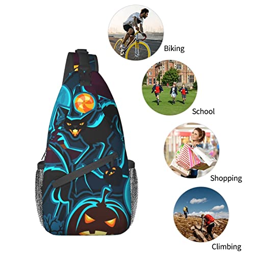 SWEET TANG Durable Shoulder Sling Bag for Men Boys Multipurpose Unbalance Backpack Halloween Decorations Costumes Pumpkin Skulls Black Cat Gym Bag with Smooth Zipper for Outdoor Sports Activities