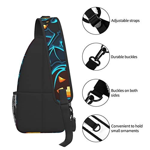 SWEET TANG Durable Shoulder Sling Bag for Men Boys Multipurpose Unbalance Backpack Halloween Decorations Costumes Pumpkin Skulls Black Cat Gym Bag with Smooth Zipper for Outdoor Sports Activities