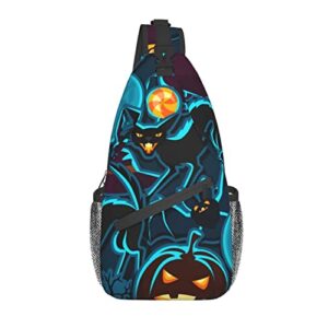 SWEET TANG Durable Shoulder Sling Bag for Men Boys Multipurpose Unbalance Backpack Halloween Decorations Costumes Pumpkin Skulls Black Cat Gym Bag with Smooth Zipper for Outdoor Sports Activities