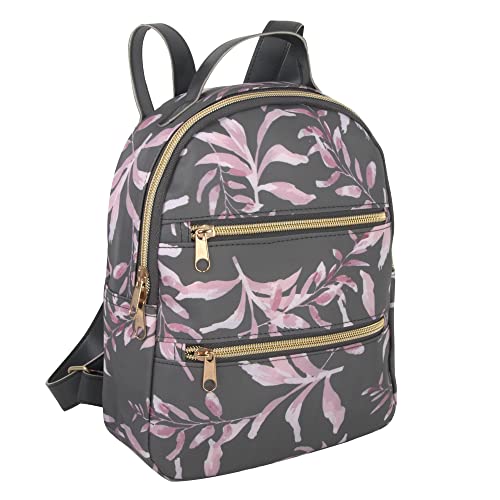 Emma & Chloe Mini Travel Backpack Purse for Women, Teens, Girls for School, Work | Multi Pocket Vegan Leather Mini Backpack (Grey Floral)