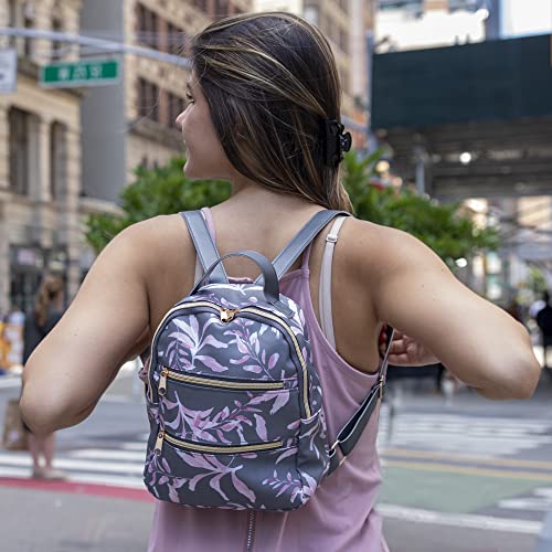 Emma & Chloe Mini Travel Backpack Purse for Women, Teens, Girls for School, Work | Multi Pocket Vegan Leather Mini Backpack (Grey Floral)