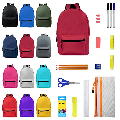 Moda West 15 Inch Bulk Backpacks in 12 Assorted Colors with 22 Piece School Supply Kits - Wholesale - Case of 24 Value Bundle Pack