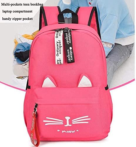 Hotmiss College Student Cute Cat Ear Canvas School Laptop Backpack Bags for Boys Girls Lightweight Daypack Travel Bag