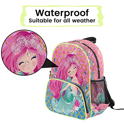 Mermaid Kids Backpacks for Girls, Cute Lightweight Toddler Backpack for School, Waterproof Bookbag Kindergarten Preschool Backpack with Chest Strap, Casual Daypack