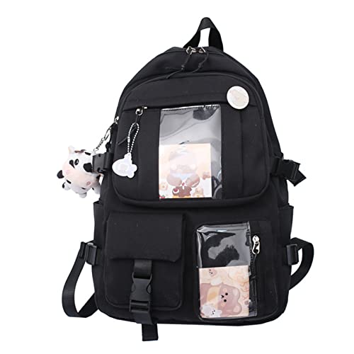 Kawaii Multi-Pocket Backpack with Kawaii Pin and Accessories, for Teen Girls School Bag Aesthetic Backpack, Black, 12.2*16.9*5.1 In