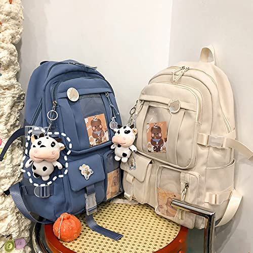 Kawaii Multi-Pocket Backpack with Kawaii Pin and Accessories, for Teen Girls School Bag Aesthetic Backpack, Black, 12.2*16.9*5.1 In