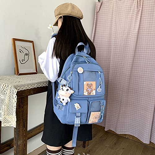 Kawaii Multi-Pocket Backpack with Kawaii Pin and Accessories, for Teen Girls School Bag Aesthetic Backpack, Black, 12.2*16.9*5.1 In