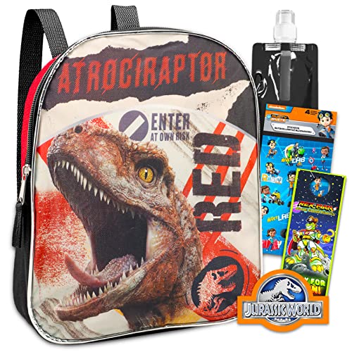 Jurassic World Mini Backpack - Bundle with 11 Inch Jurassic World Preschool Backpack, Water Pouch, Stickers, More - Jurassic Park Mini Backpack Boys Girls Toddler