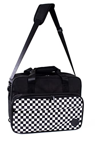 Versatex Black and White Checkered, Waterproof, Portable, Recharging, Charging port, Laptop Bag, Backpack with adjustable straps, expandable compartment, comfortable, strap sleeve