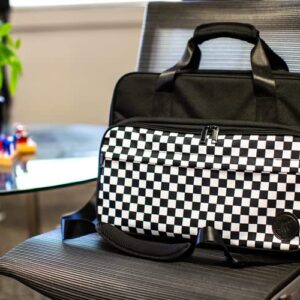 Versatex Black and White Checkered, Waterproof, Portable, Recharging, Charging port, Laptop Bag, Backpack with adjustable straps, expandable compartment, comfortable, strap sleeve